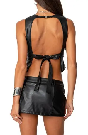 EDIKTED Frances Backless Faux Leather Crop Top - Black