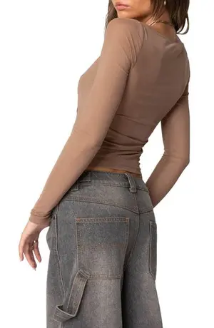 EDIKTED Marta Mesh Crop Top - Brown