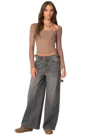 EDIKTED Marta Mesh Crop Top - Brown