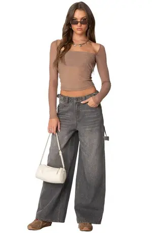 EDIKTED Marta Mesh Crop Top - Brown