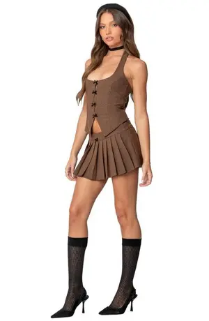 EDIKTED Palmer Pleated Plaid Mini Skort - Brown