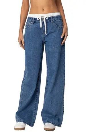 EDIKTED Drawstring Waist Wide Leg Jeans - Blue