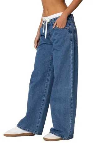 EDIKTED Drawstring Waist Wide Leg Jeans - Blue