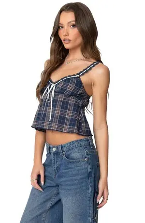 EDIKTED Plaid Lace Trim Crop Camisole