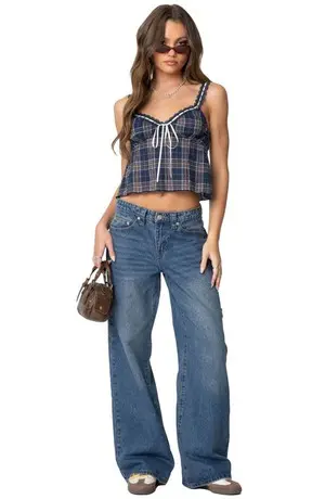 EDIKTED Plaid Lace Trim Crop Camisole