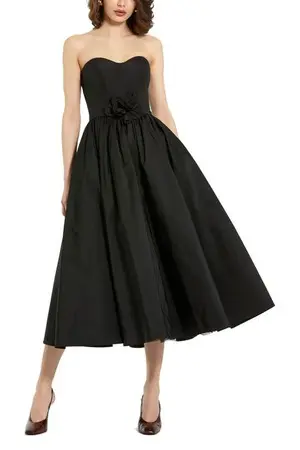 Mac Duggal Faille A-line Midi Dress With 3d Rose - Black
