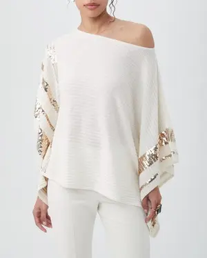 Trina Turk Adela Sequin Trim Sweater Wrap - Winter White/gold