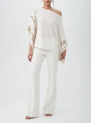 Trina Turk Adela Sequin Trim Sweater Wrap - Winter White/gold
