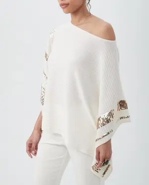 Trina Turk Adela Sequin Trim Sweater Wrap - Winter White/gold