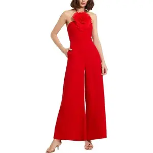 Mac Duggal Crepe Halter Neck Flower Detail Jumpsuit - Cherry