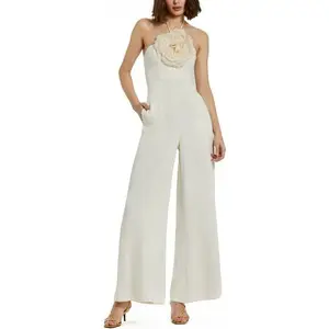 Mac Duggal Crepe Halter Neck Flower Detail Jumpsuit - Ivory