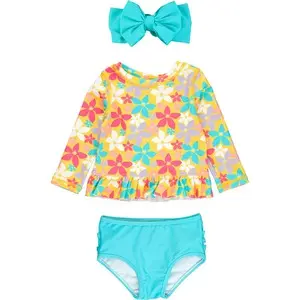 RUFFLEBUTTS Endless Summer Two-piece Rashguard Swimsuit & Headband Set - Yellow
