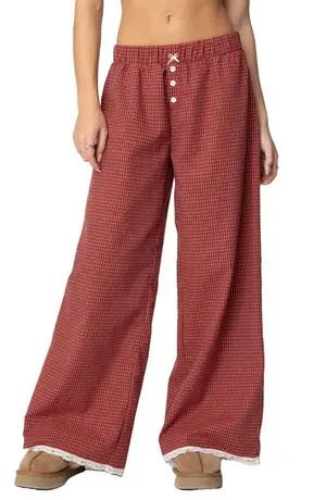 EDIKTED Dakota Plaid Wide Leg Pants - Red
