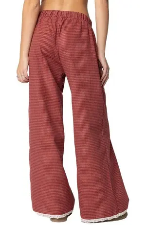 EDIKTED Dakota Plaid Wide Leg Pants - Red