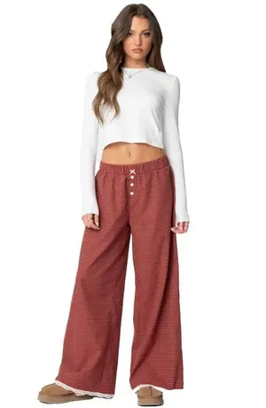 EDIKTED Dakota Plaid Wide Leg Pants - Red