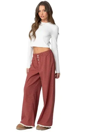 EDIKTED Dakota Plaid Wide Leg Pants - Red