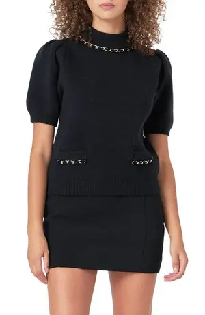 Endless Rose Chain Detail Puff Sleeve Sweater - Black