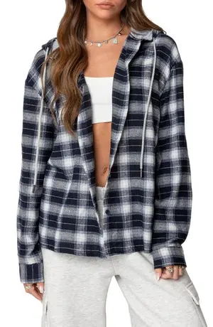 EDIKTED Plaid Cotton Blend Flannel Button-up Hoodie