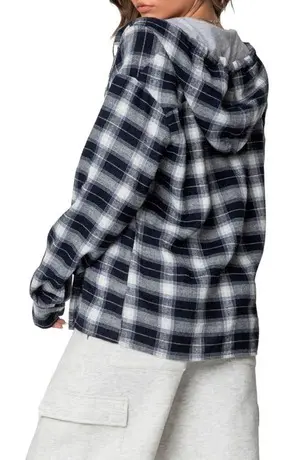 EDIKTED Plaid Cotton Blend Flannel Button-up Hoodie