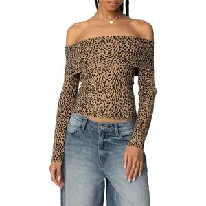 EDIKTED Printed Fold Over Knit Top - Leopard