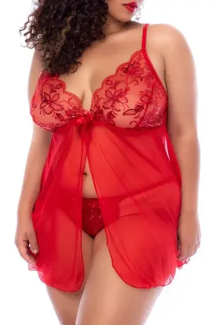 MAPALE Sequin Lace Split Babydoll Chemise - Red