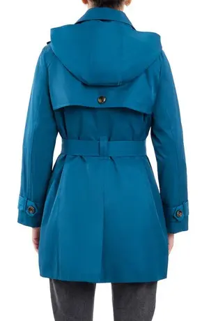 London Fog Hooded Double Breasted Trench Coat - Peacock