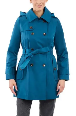 London Fog Hooded Double Breasted Trench Coat - Peacock