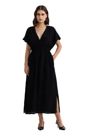 REISTOR V-neck Gathered Maxi Dress - Black