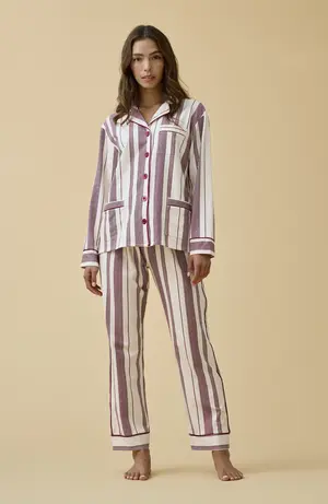 KIP Luxe Stretch Cotton Pajama Set - Merlot Stripe