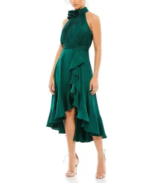 Mac Duggal Halter Neck Flower Detail Ruffled Midi Dress - Emerald