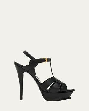 Saint Laurent Tribute Leather T-strap Platform Sandals - Black