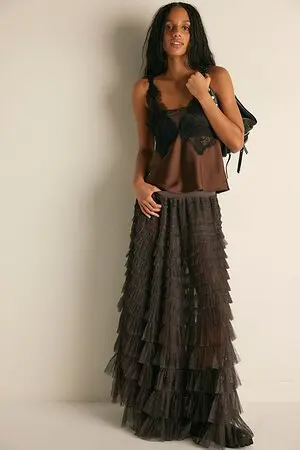 Free People Return Of The Ruffle Maxi Slip Skirt - Olive Grey