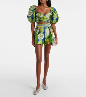 ALEMAIS Alémais Printed Balloon-sleeve Cropped Top