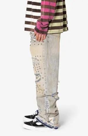 Mnml Ultra Baggy Emo Studded Distressed Jeans - Blue | Editorialist