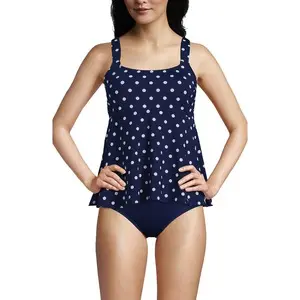 LANDS' END D-Cup Flutter Scoop Neck Tankini Top With Adjustable Straps Deep Sea Polka Dot