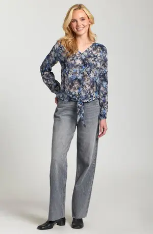 APNY Print Tie Front Top - Steel Blue Multi