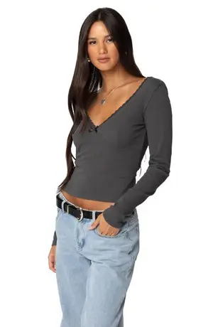 EDIKTED Adrienne Lace Trim Top - Dark-gray