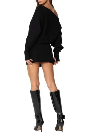 EDIKTED Eve Off-the-shoulder Knit Mini Dress - Black