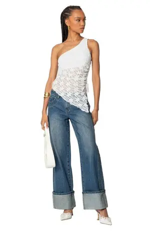EDIKTED Sheer Lace One-shoulder Top