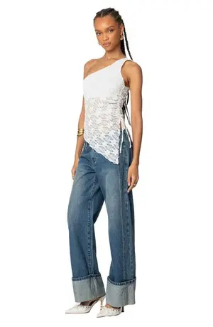 EDIKTED Sheer Lace One-shoulder Top