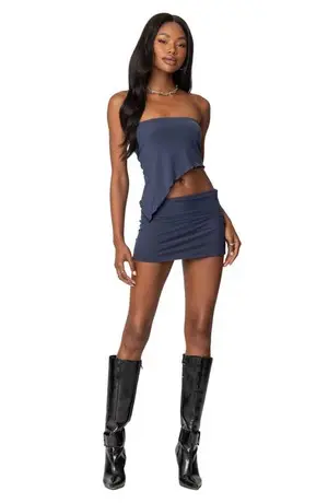 EDIKTED Vivi Strapless Asymmetric Mesh Top - Blue