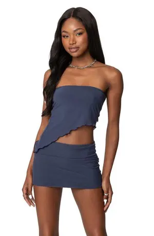 EDIKTED Vivi Strapless Asymmetric Mesh Top - Blue