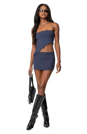 EDIKTED Vivi Strapless Asymmetric Mesh Top - Blue