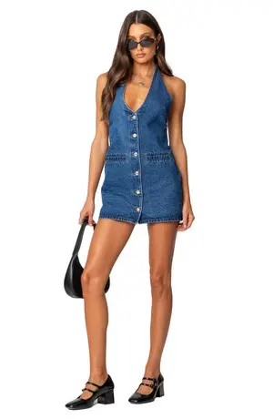 EDIKTED Destinee Denim Halter Mini Dress - Blue-washed