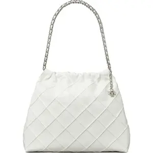 Tory Burch Fleming Distressed Quilted Leather Hobo Bag - Blanc