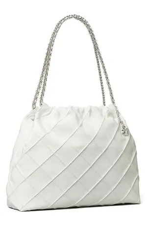 Tory Burch Fleming Distressed Quilted Leather Hobo Bag - Blanc