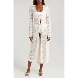 Ramy Brook Fatima Metallic Long Sleeve Sheer Cover-up Maxi Dress - White/ Gold Zig Zag