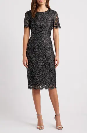 Eliza J Floral Lace Sheath Dress In Silver/Black - 47% Off | Editorialist