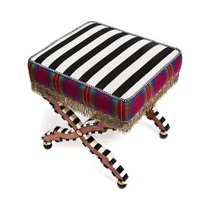 MACKENZIE-CHILDS On Wall Street Stripe Cushioned Accent Stool - Black/white Stripe