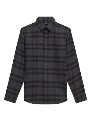 Theory Irving Shadow Plaid Flannel Shirt - Hunter Green Melange